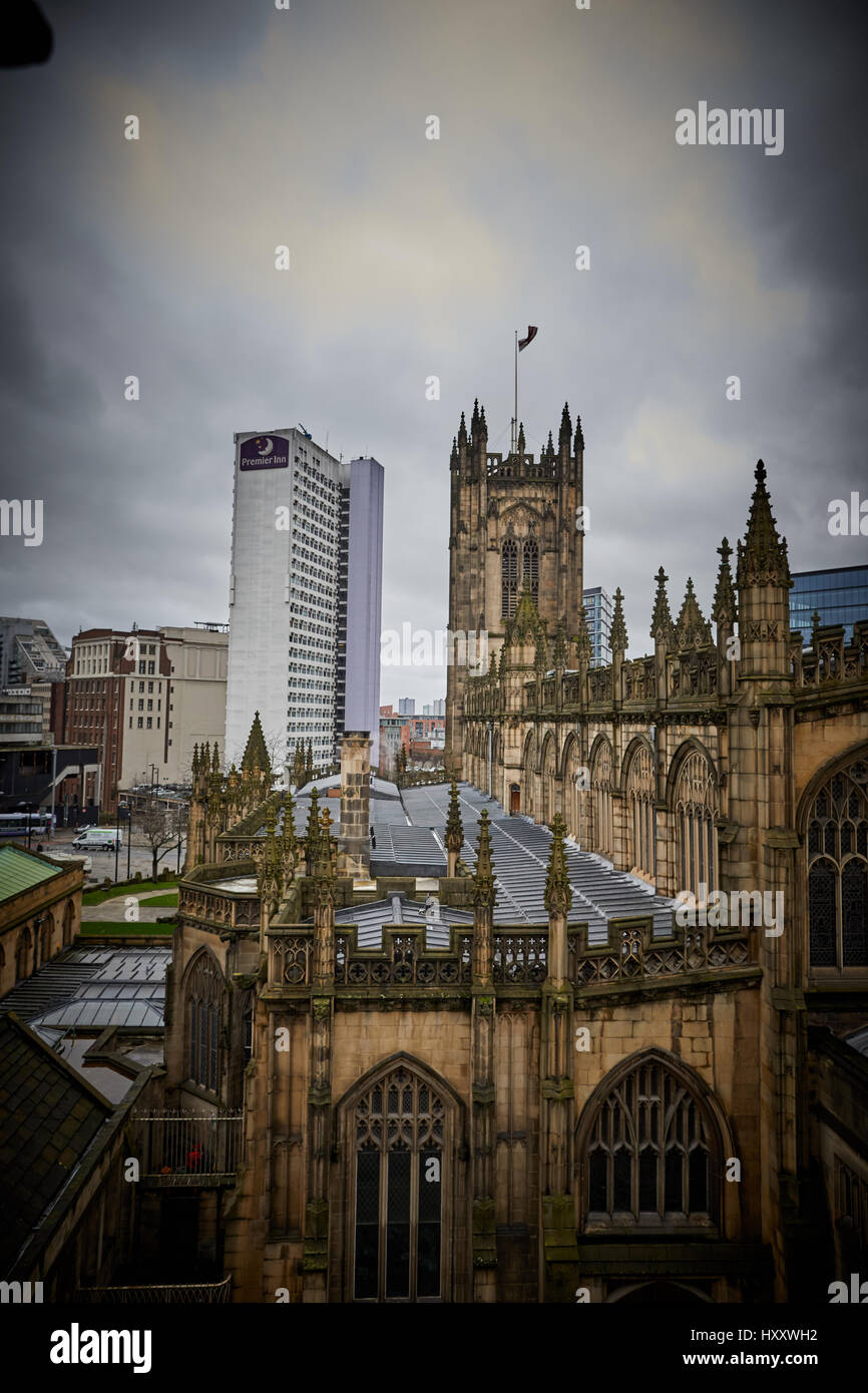 Exterior on a dull winter day Manchester Catheral, with views over the ...