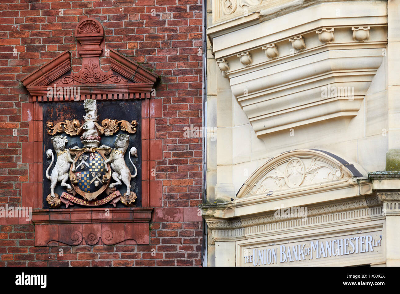 Old Union Bank Manchester and Old court building coat of arms ...