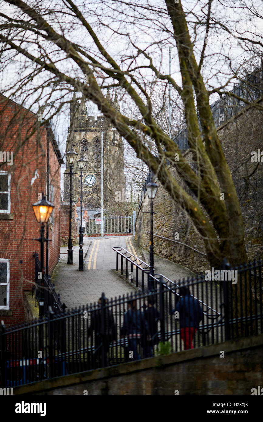 Steep pedestrian hills from St Marys Church from Stockport Merseyway ...