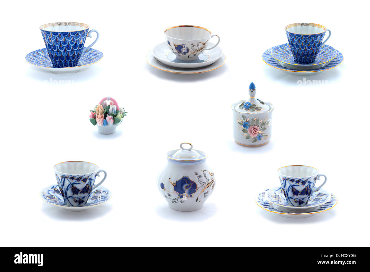 Collage of porcelain tea cups and dishes with flower ornament Stock ...
