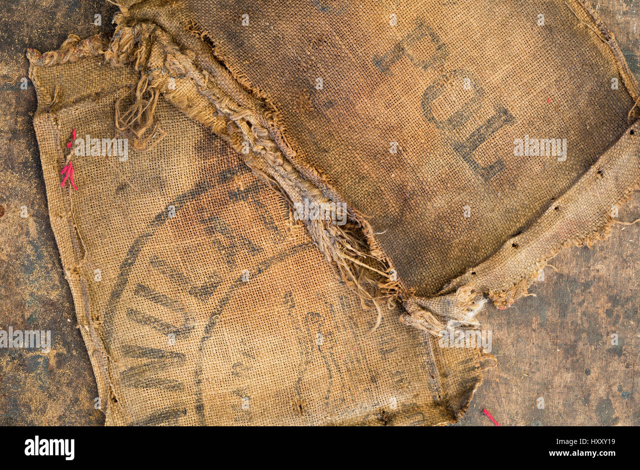 Old dirty hessian sack bag stamped used as upholstery material ...