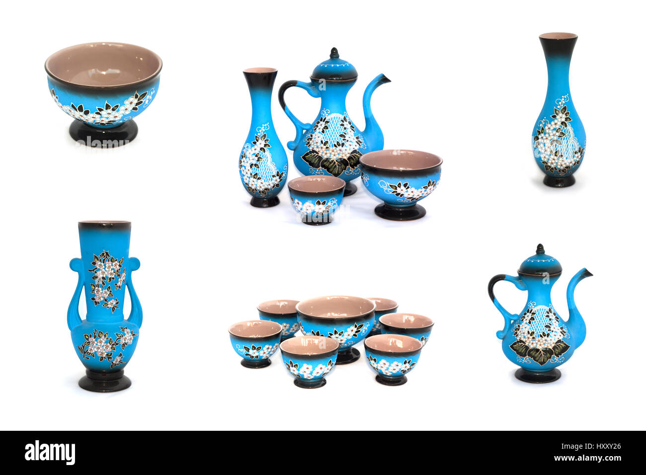 Collage of blue ceramic vases isolated on white background Stock Photo ...