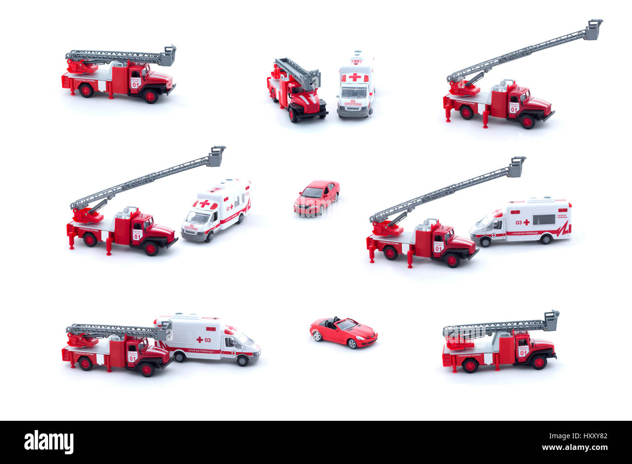 Collage of toy Fire Truck, Ambulance and red car isolated on white ...