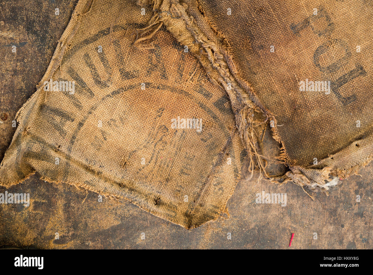 Old dirty hessian sack bag stamped used as upholstery material ...