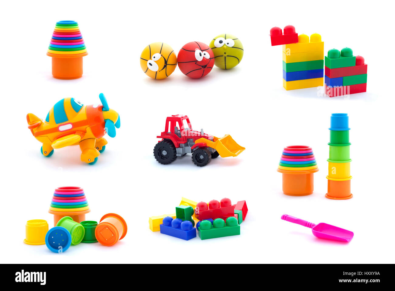 Collage of plastic toys for baby isolated on white background Stock ...