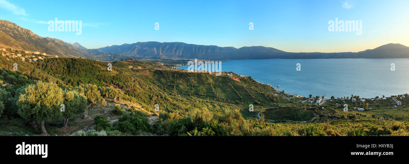 Adriatic sea evening coastline top view (Radhima, near Orikum, Albania ...