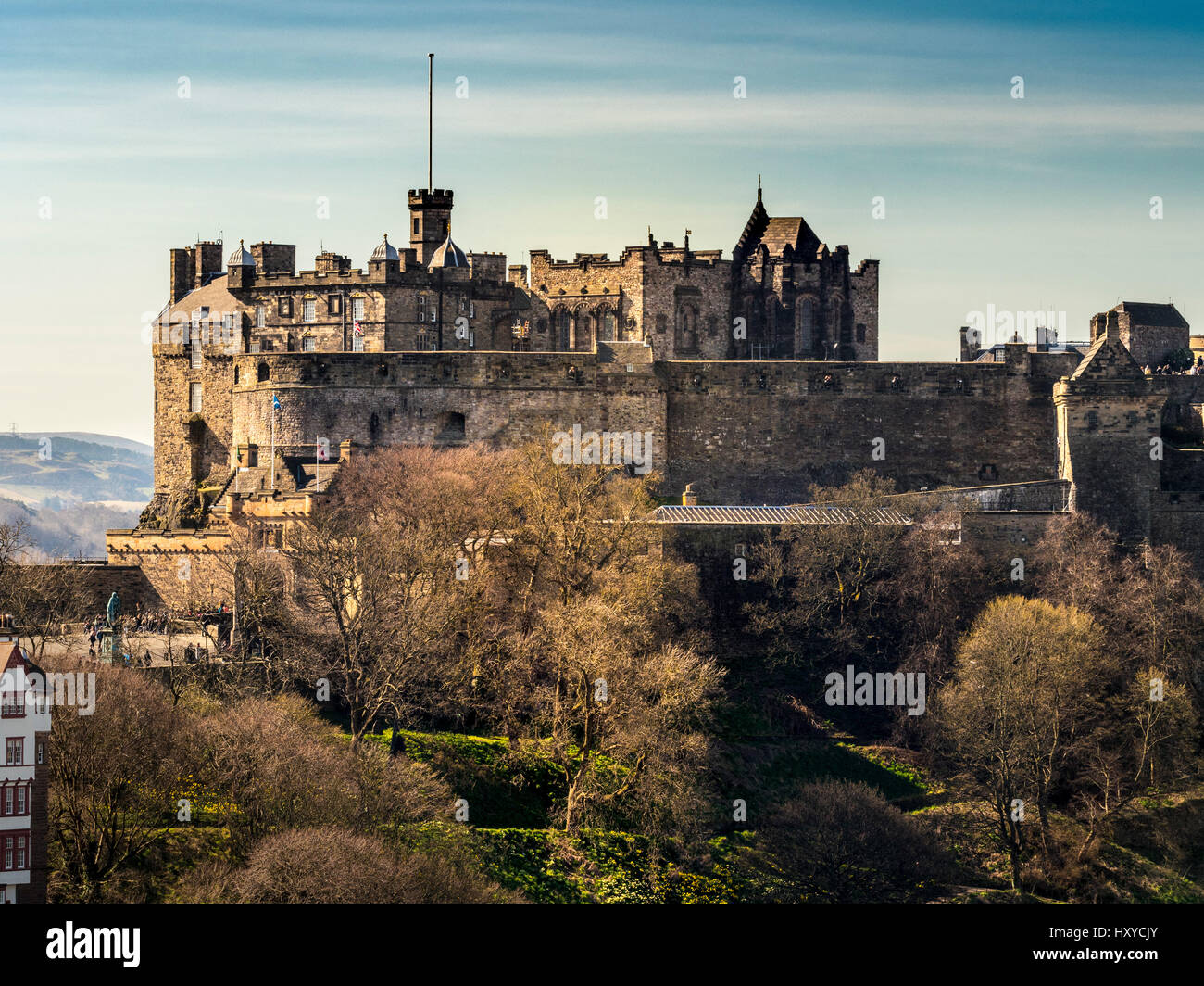 Exterior façade of Edinburgh Castle, with Princes Street Gardens in the ...