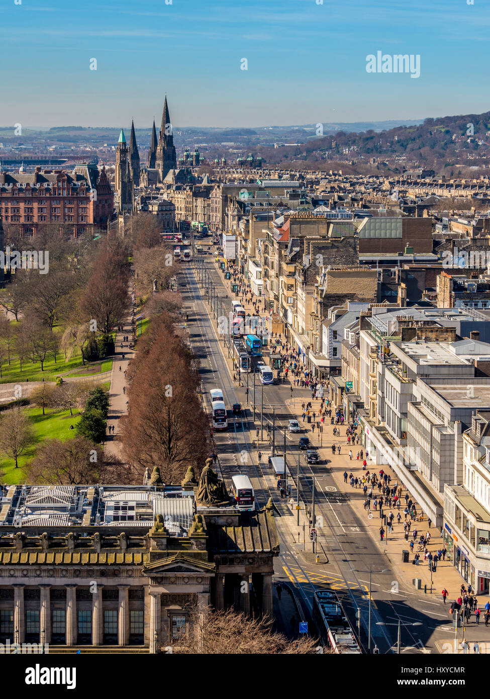 Aerial view of Princes Street, Edinburgh with spires of St John's ...