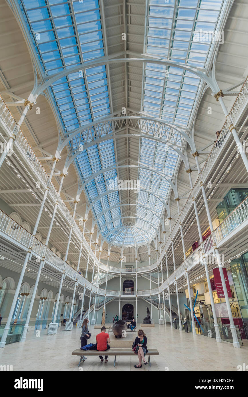 Visitors in atrium of the National museum of Scotland, Edinburgh ...
