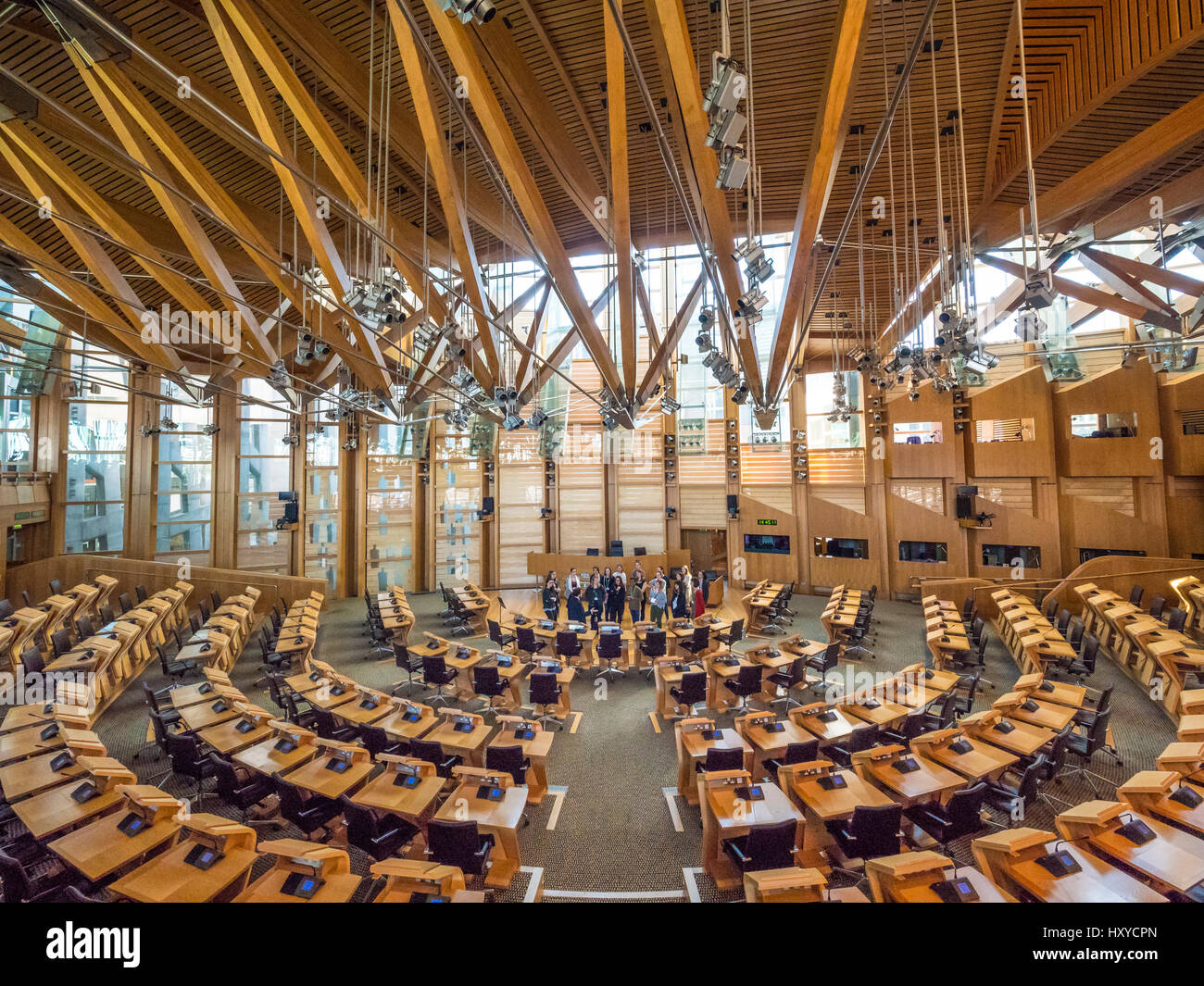 The contemporary wooden interior of the debating chamber of the ...