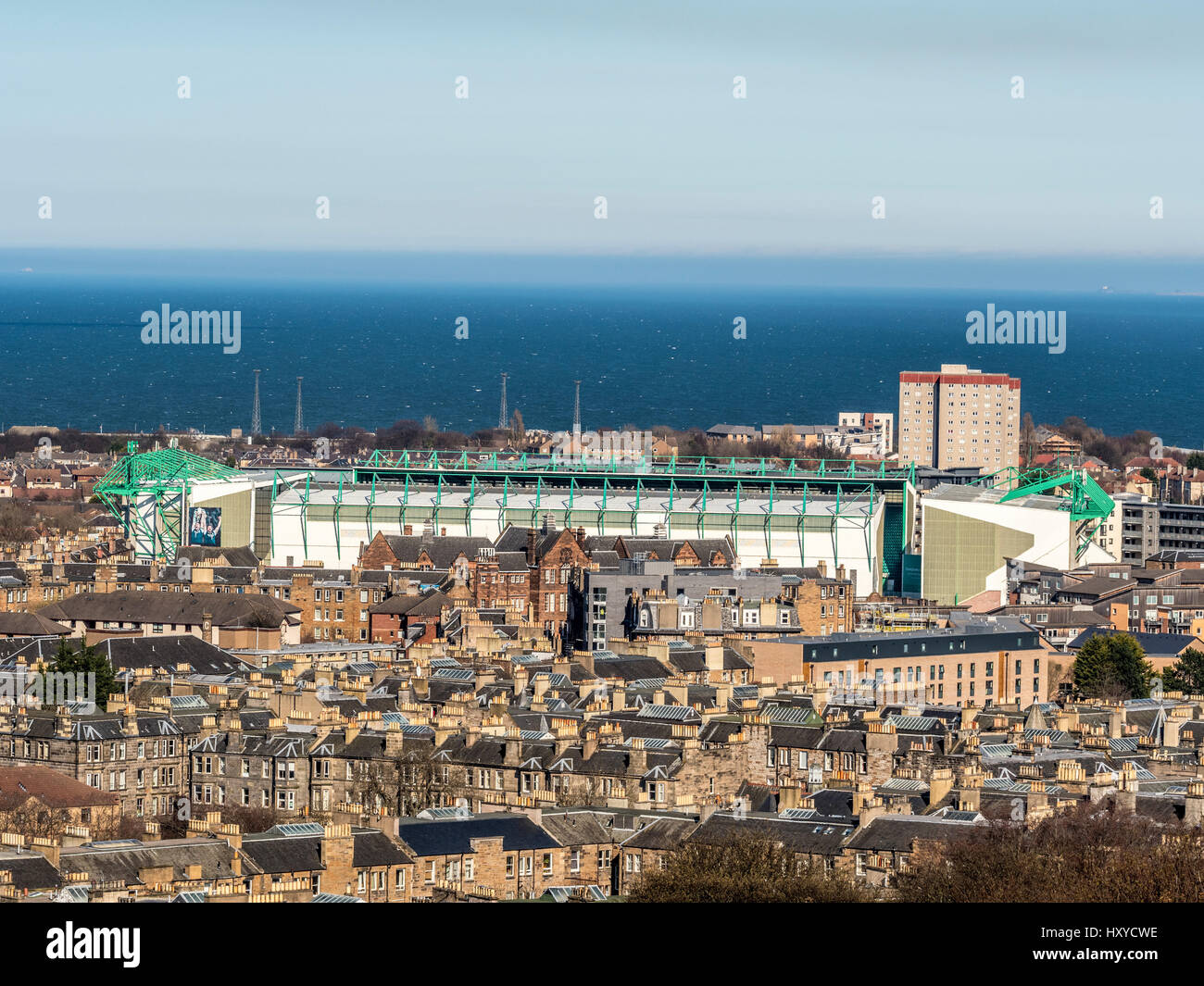 Easter Road Football stadium with the North Sea in the distance. Leith ...