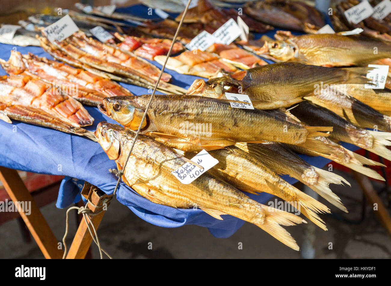 Dried fish ready to sale at the local farmers market in Samara, Russia ...
