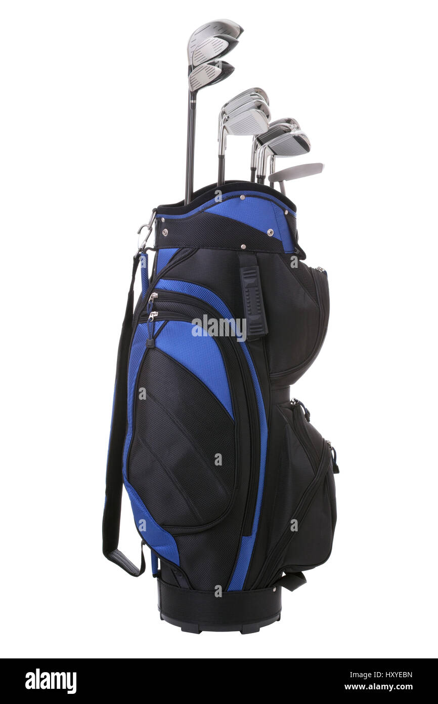 Blue and black golf bag with clubs isolated on white background Stock ...