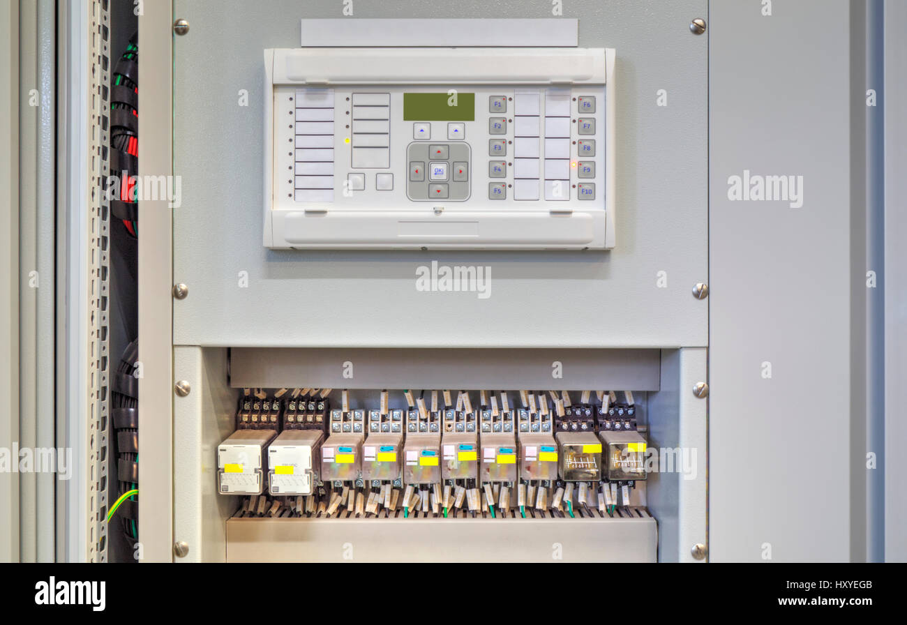 Electrical control panel with electronic devices in modern electrical ...