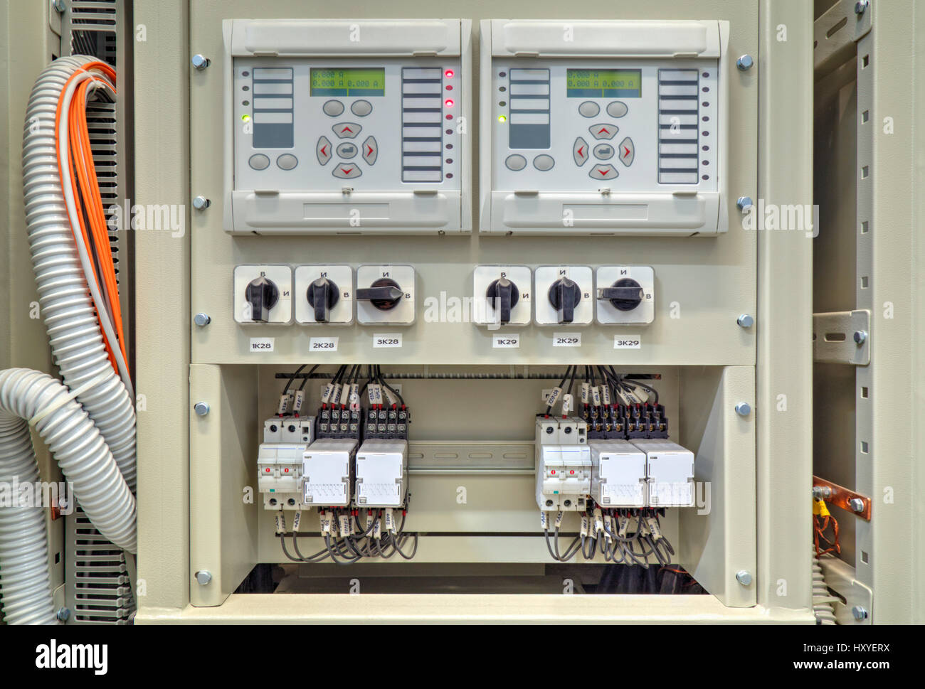 Electrical control panel with electronic devices in modern electrical ...