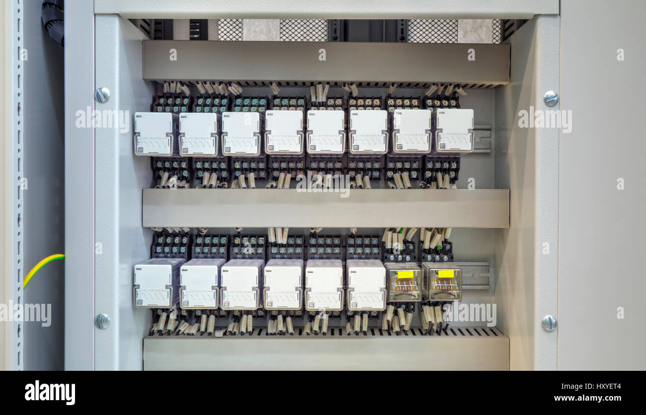 Electrical control panel with electronic devices in modern electrical ...