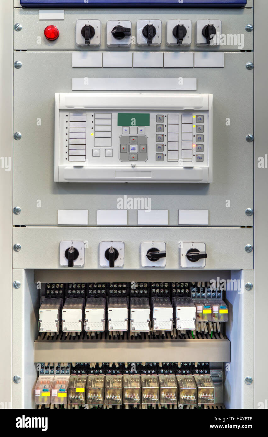 Electrical control panel with electronic devices in modern electrical ...