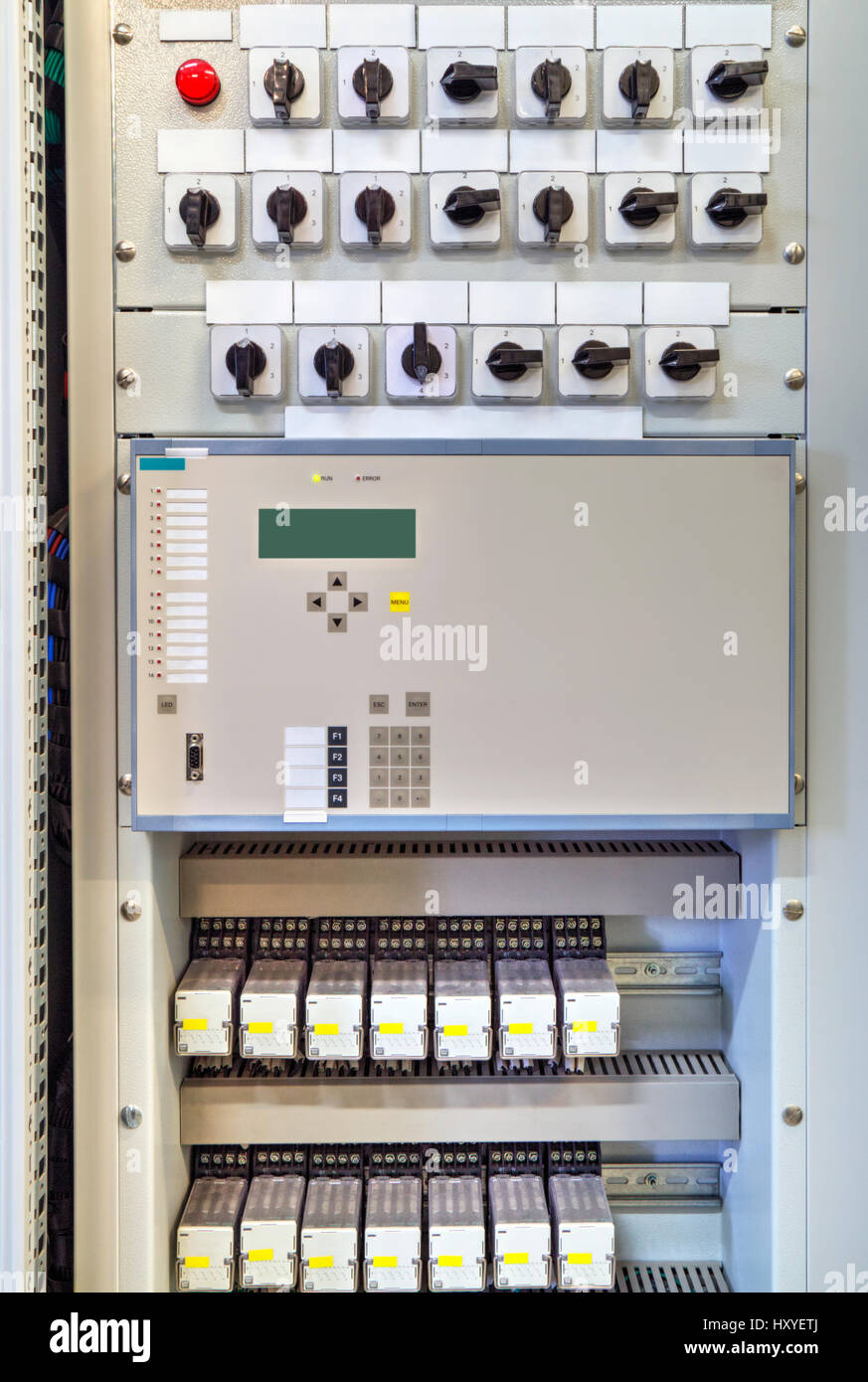 Electrical control panel with electronic devices in modern electrical ...