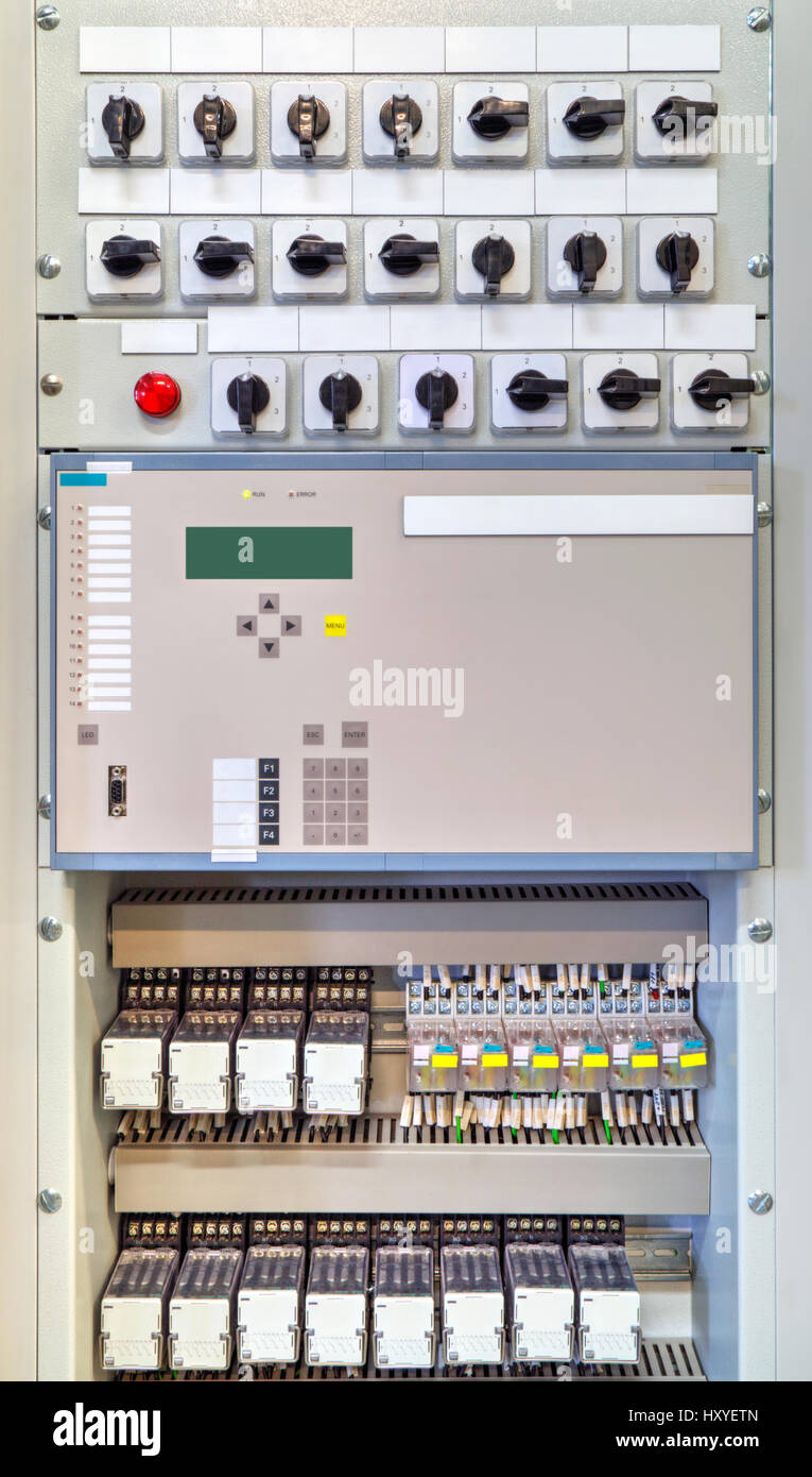 Electrical control panel with electronic devices in modern electrical ...