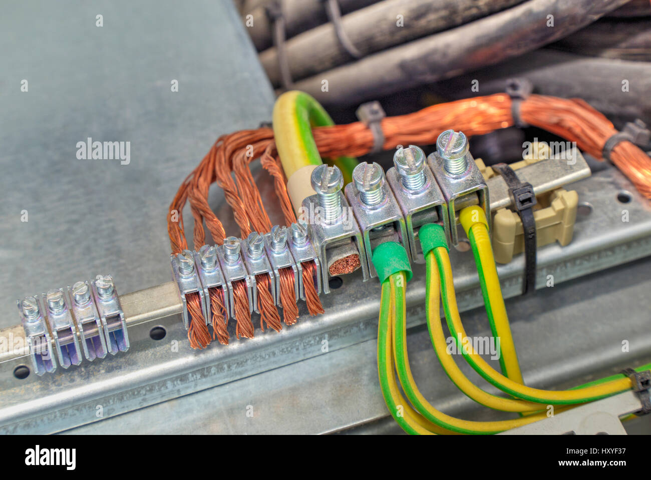 Grounding terminals and wires in industrial electrical control cubicle ...