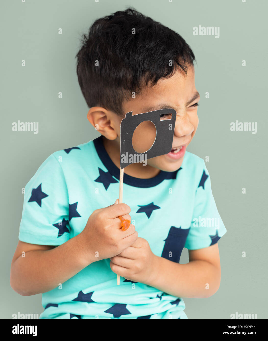 Little Boy WIth Paper Camera Studio Stock Photo - Alamy