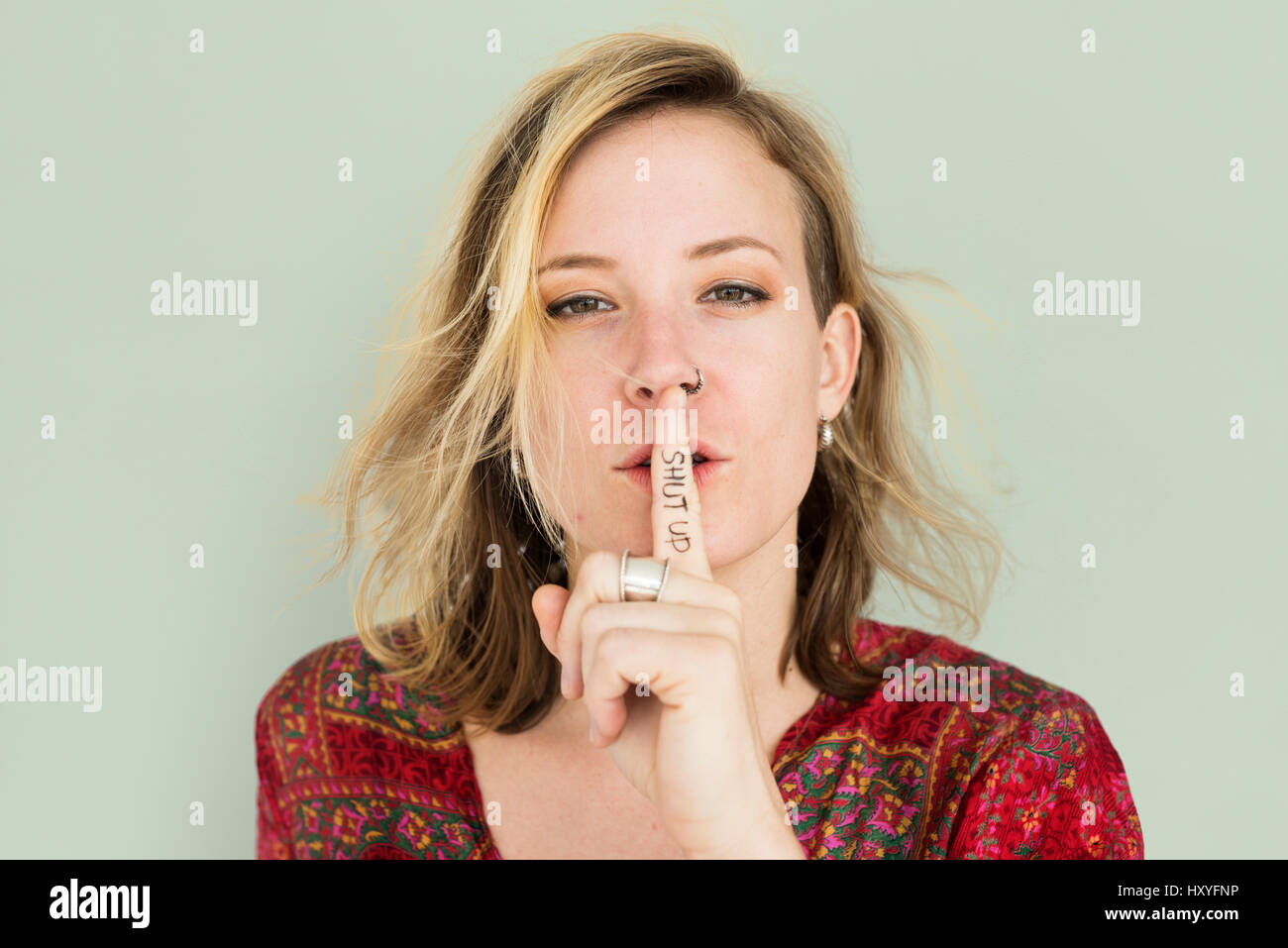 Caucasian Lady Hand Gesture Shut Up Stock Photo - Alamy