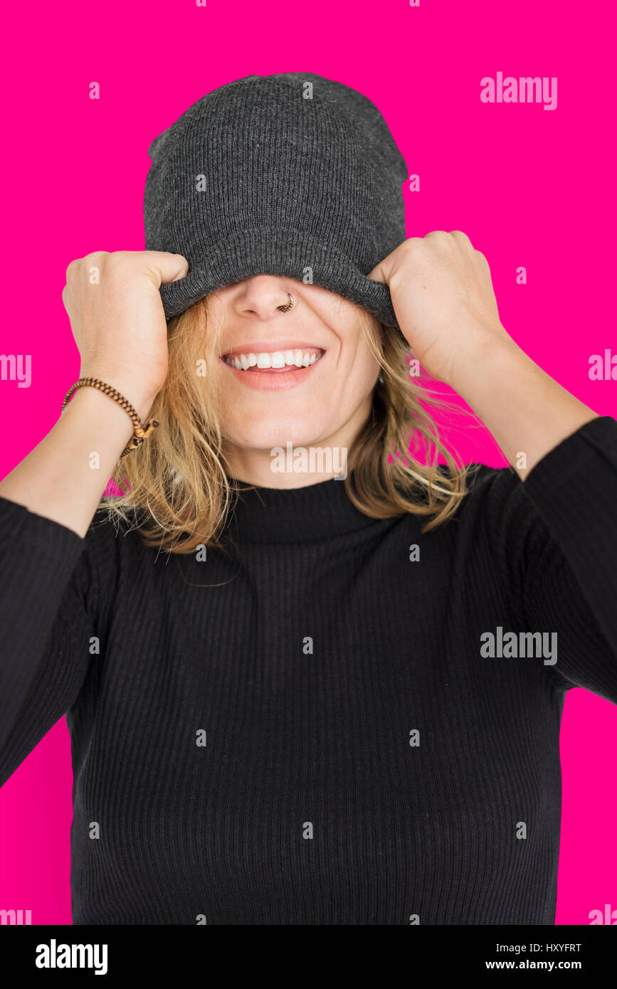 Caucasian Lady Beanie Covering Eyes Smiling Stock Photo - Alamy