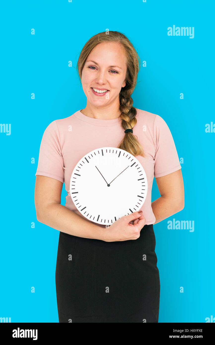 Caucasian Lady Holding Clock Concept Stock Photo - Alamy