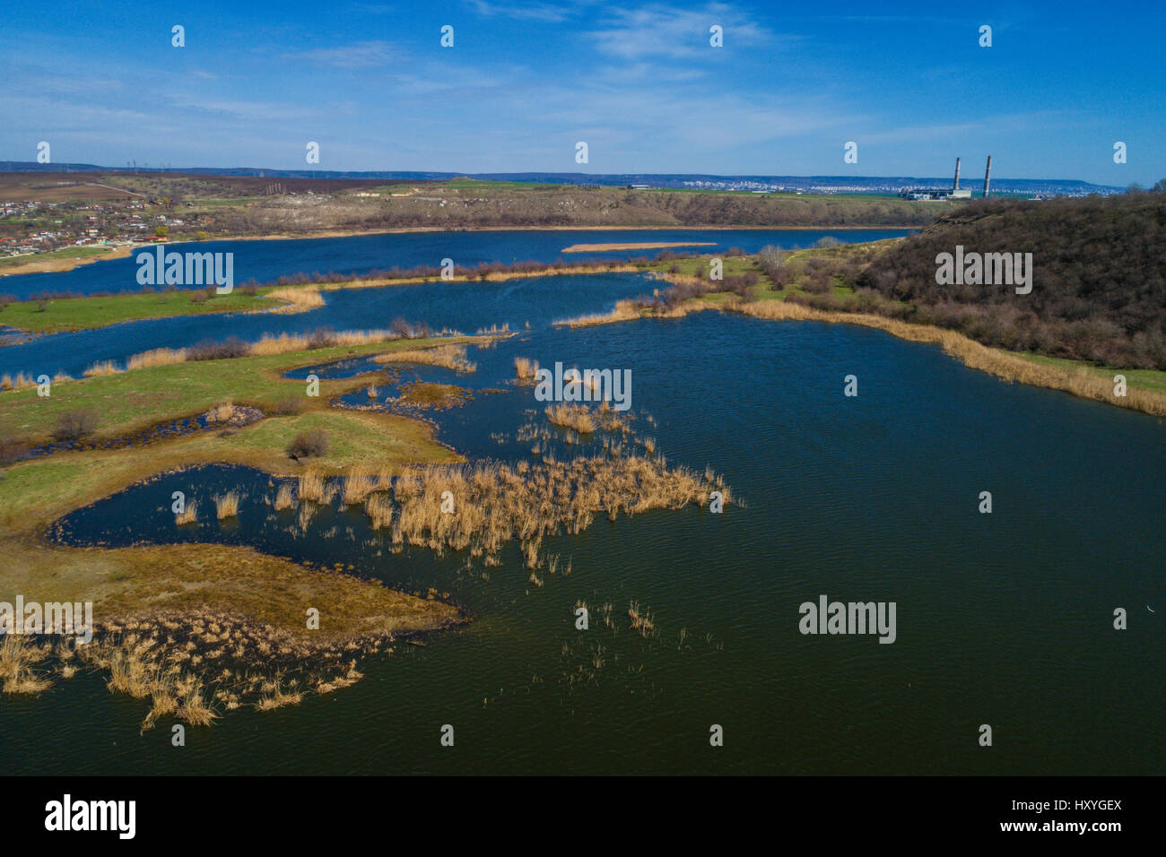 Protected wildlife sanctuary with many birds. Picture from high above ...