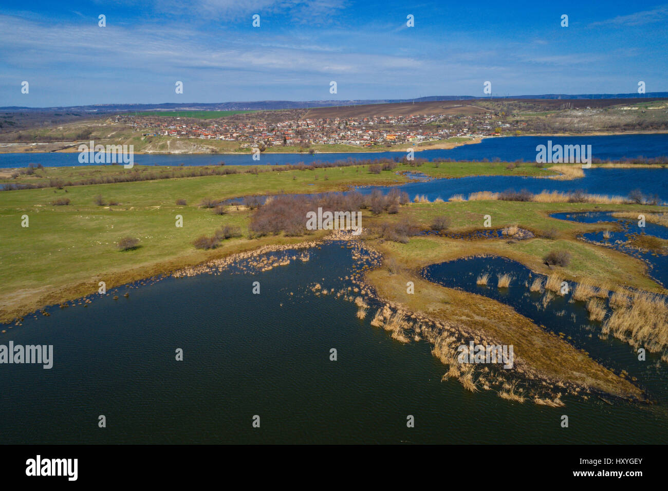 Protected wildlife sanctuary with many birds. Picture from high above ...
