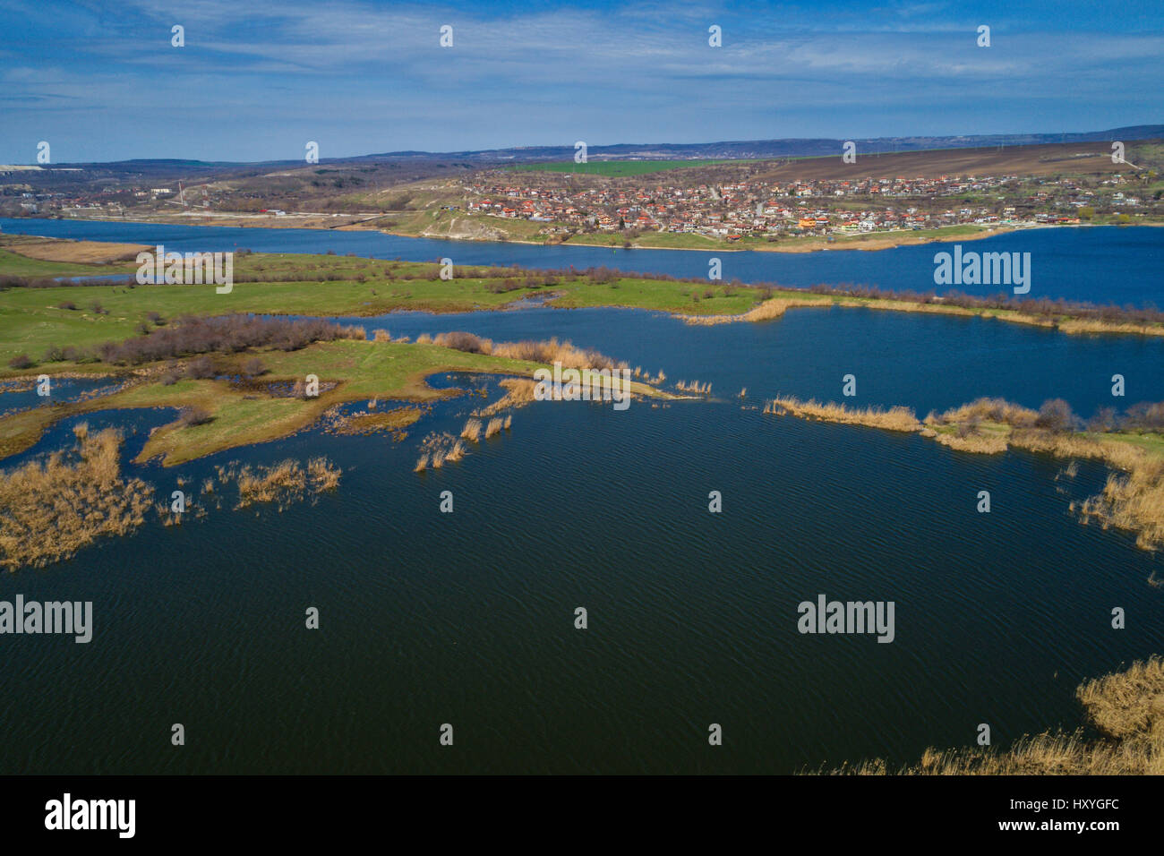 Protected wildlife sanctuary with many birds. Picture from high above ...