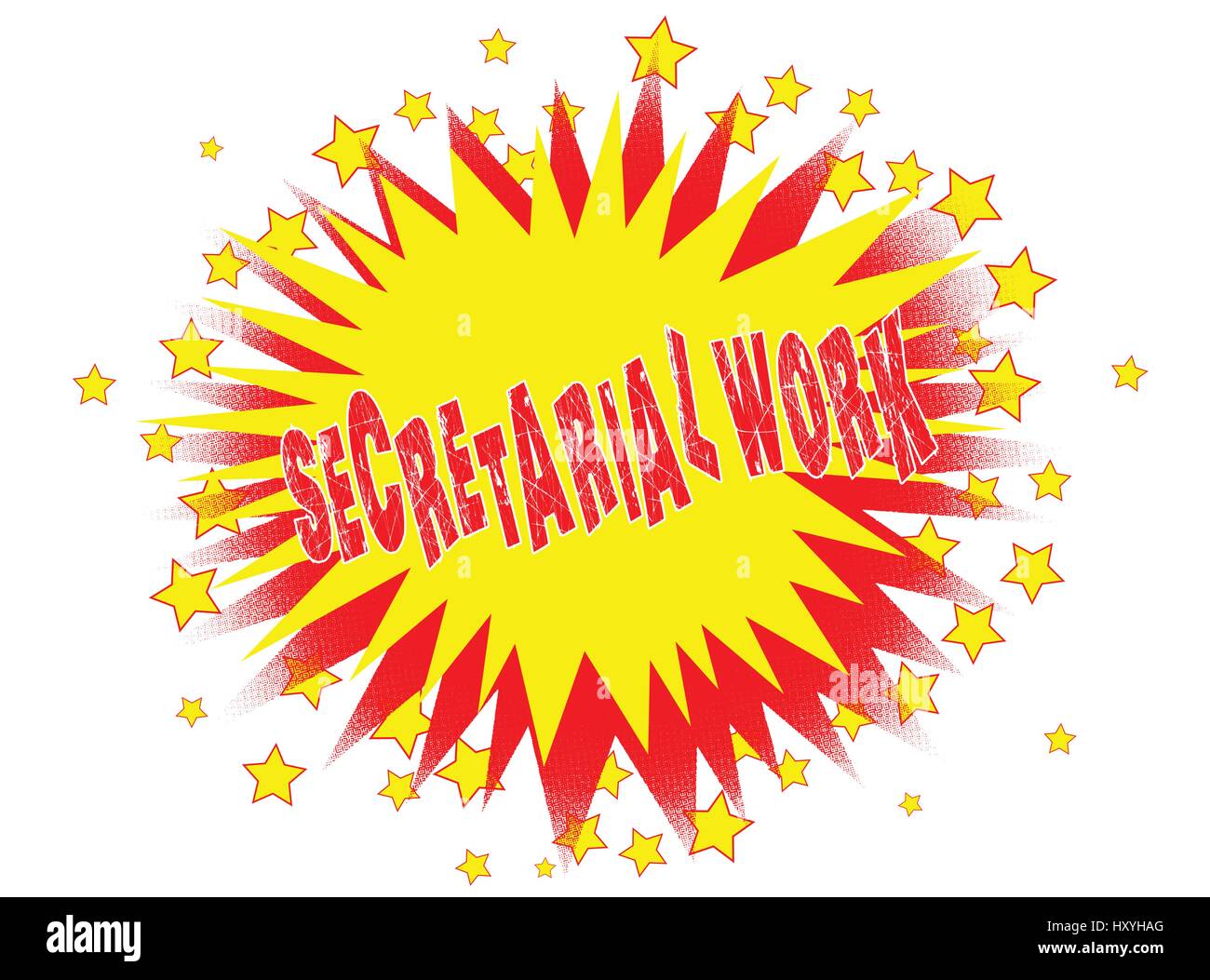 A cartoon style secretarial work splash explosive motif over a white ...