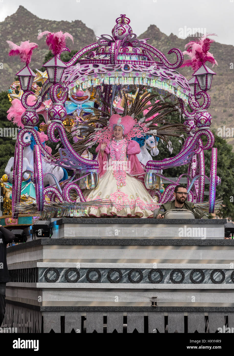 Child in elaborate costume on enormous decorated float in Tenerife ...
