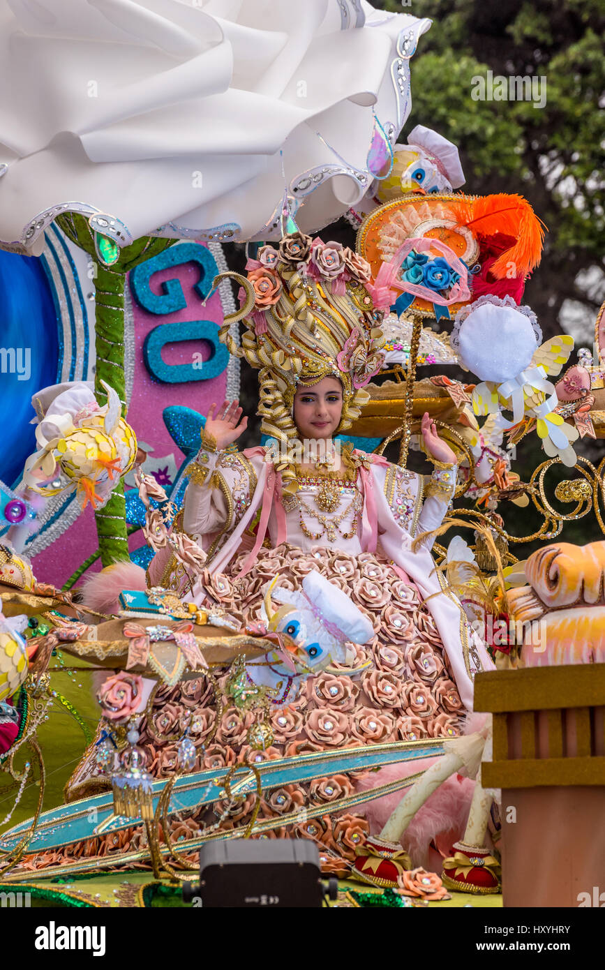 Child in elaborate costume on enormous decorated float in Tenerife ...