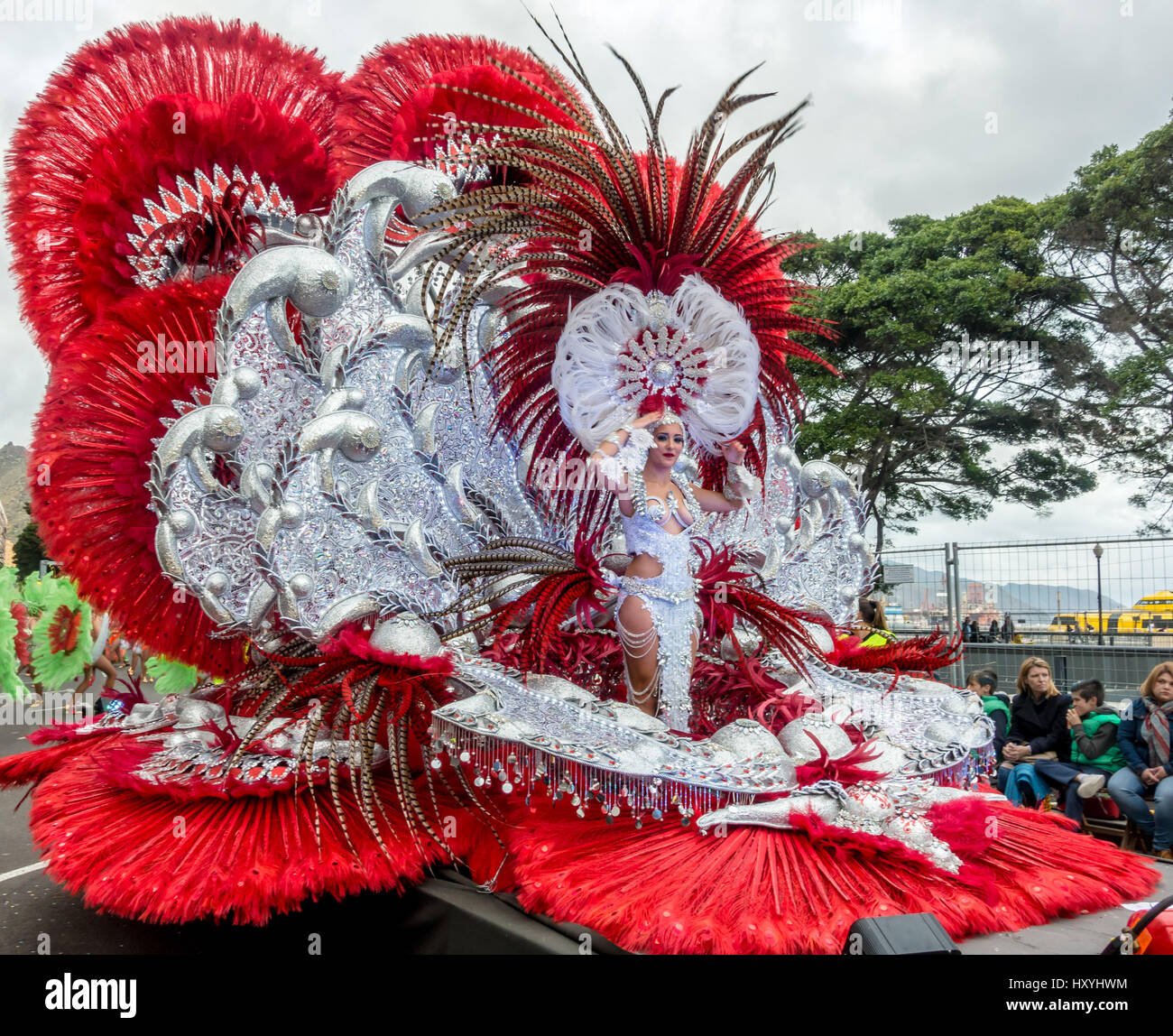Woman in elaborate costume on enormous decorated float in Tenerife ...