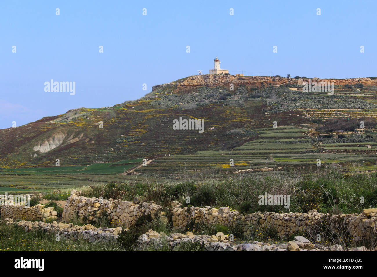 Ta' Ġordan Lighthouse, surrounded by the Maltese countryside in spring ...
