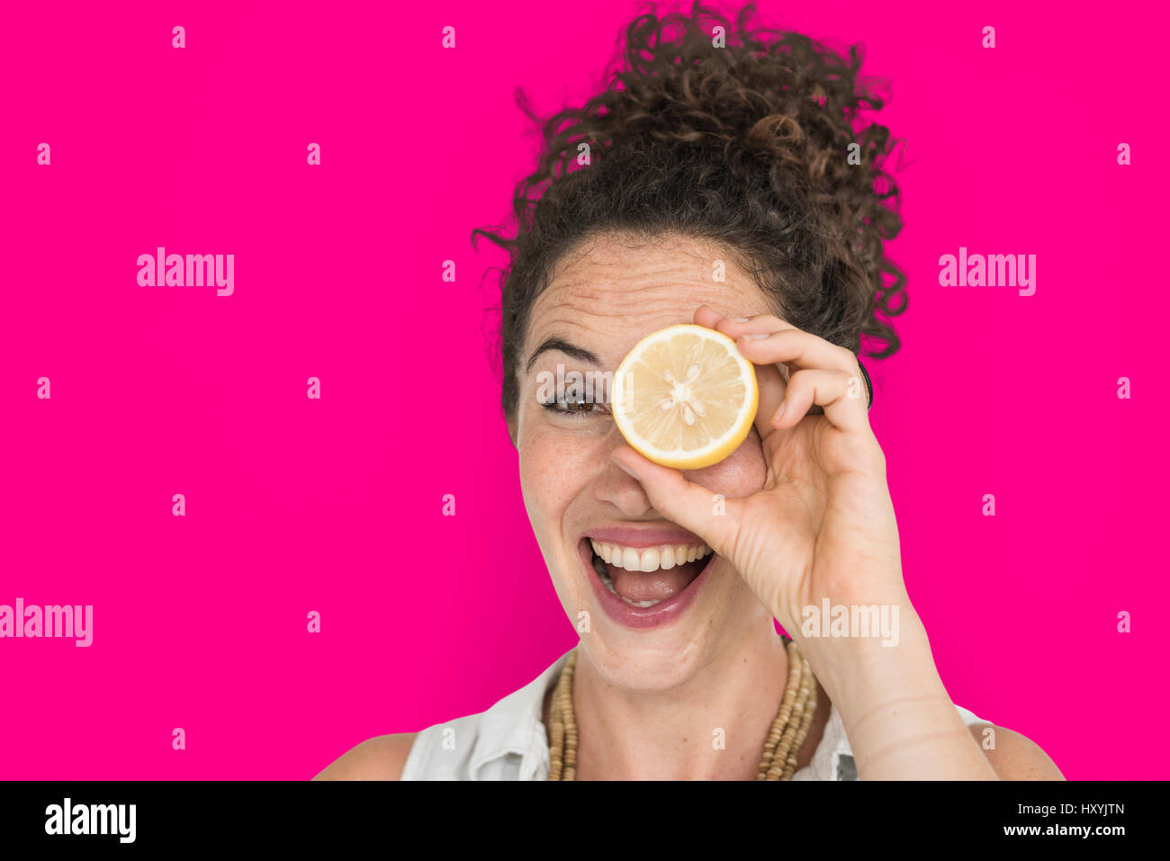 Woman Smiling Happiness Cover Eye Playful Lemon Portrait Stock Photo ...