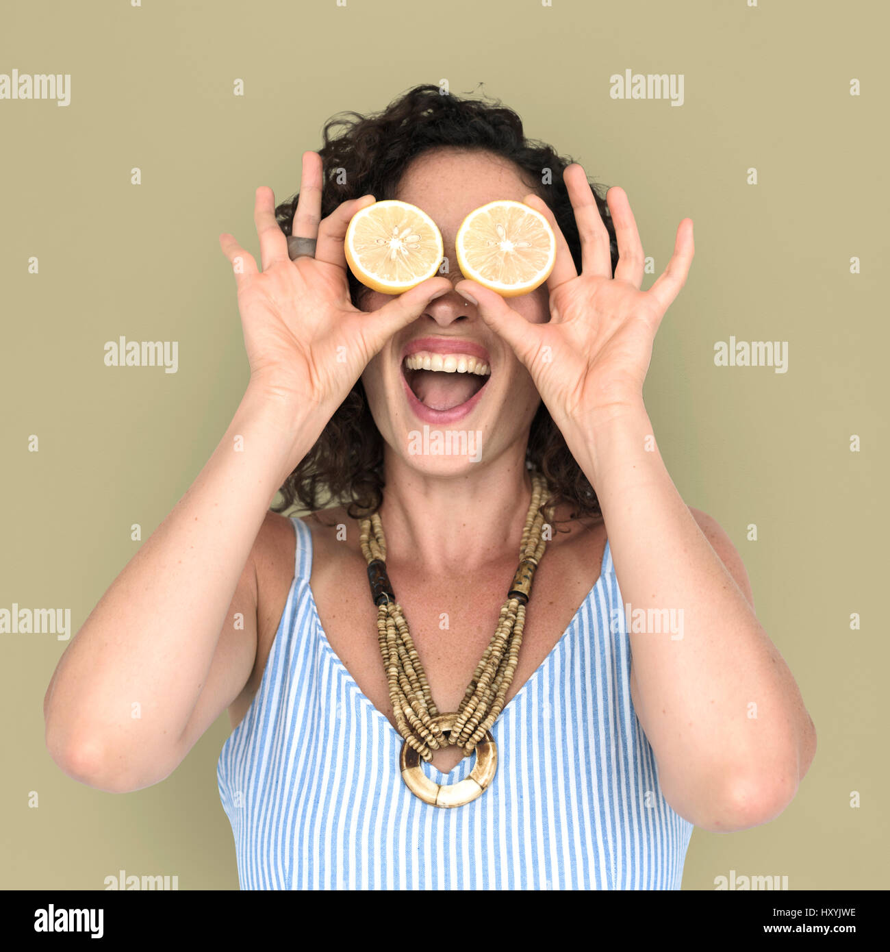 Woman Smiling Happiness Cover Eye Playful Lemon Portrait Stock Photo ...