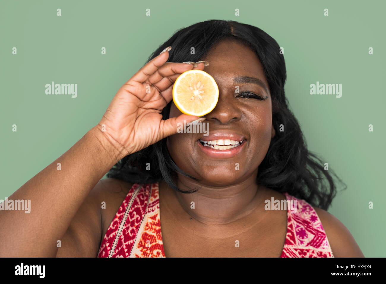Woman Smiling Happiness Cover Eye Playful Lemon Portrait Stock Photo ...
