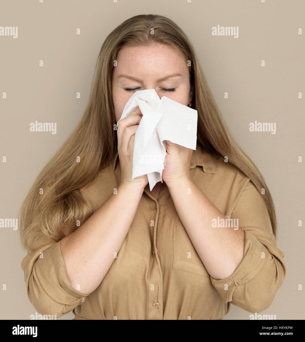 Caucasian Woman Sneezing Crying Tissue Stock Photo - Alamy