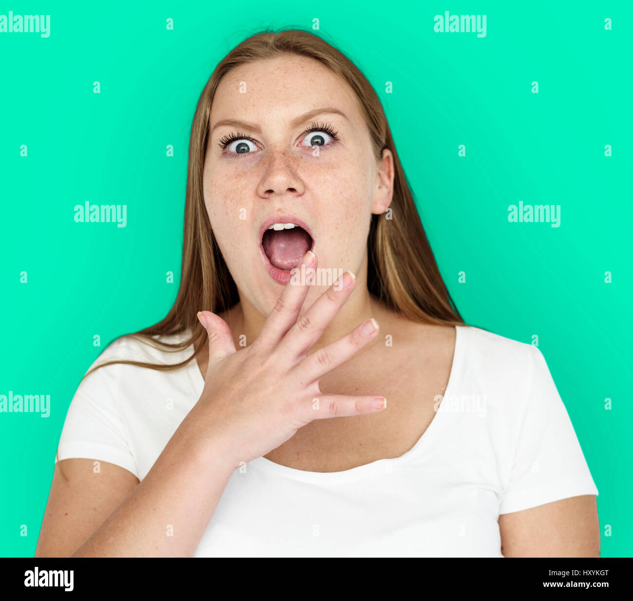 Caucasian Girl Shocked Hand Gesture Stock Photo - Alamy