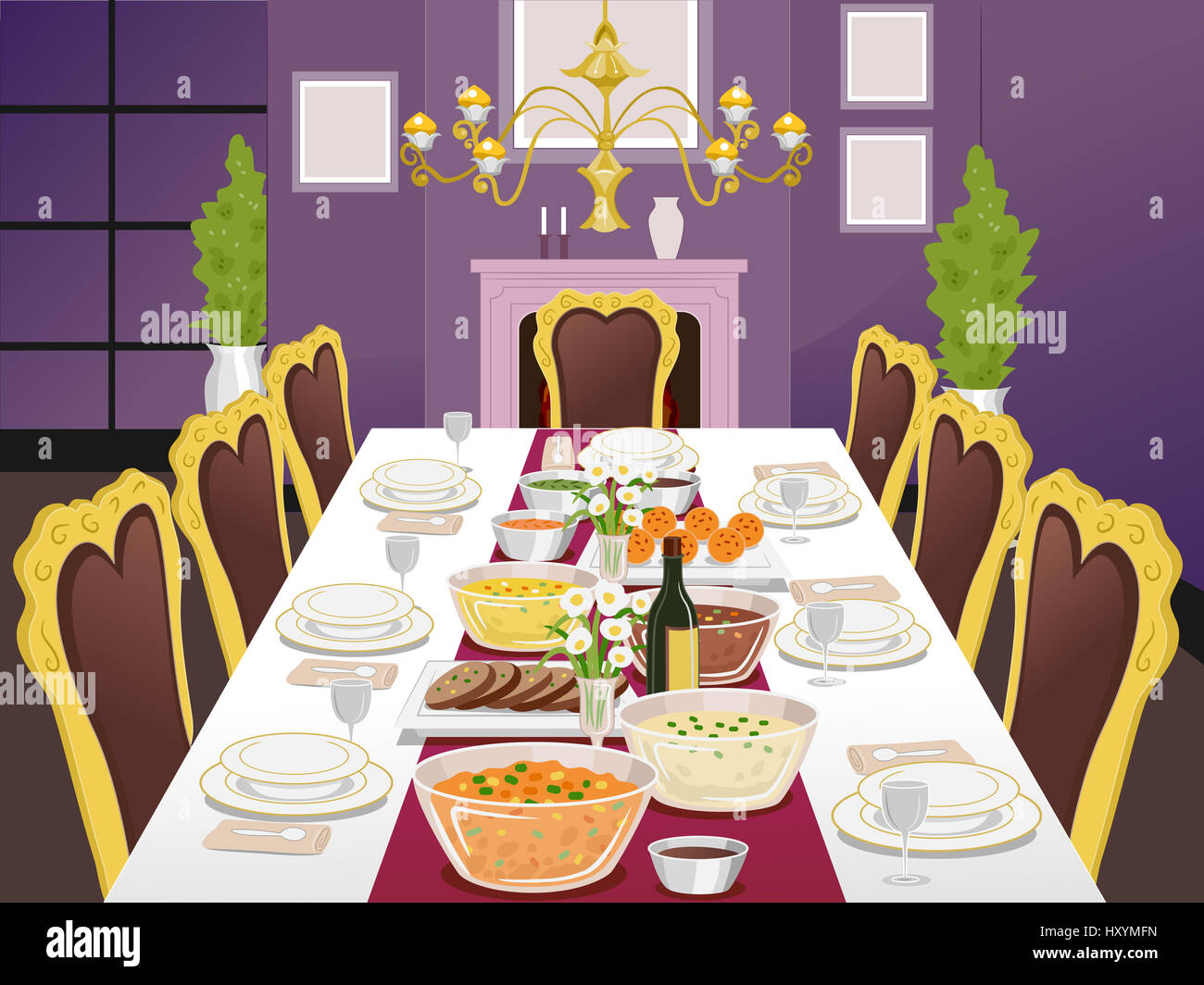Illustration of a Formal Dining Table Filled with Food Stock Photo - Alamy