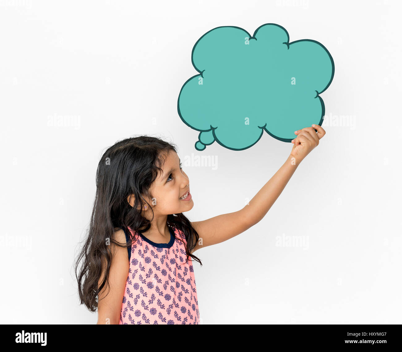 Little Girl Holding Chat Box Smiling Adorable Stock Photo - Alamy