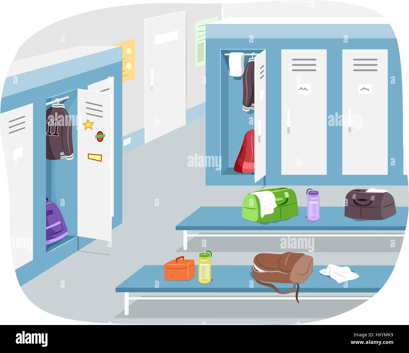Illustration of a Male Locker Room with Sports Gear Strewn Around Stock ...