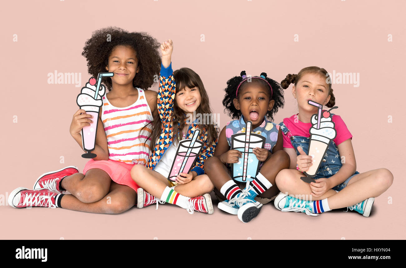 Little Children Drinking Smoothies Beverage Stock Photo - Alamy