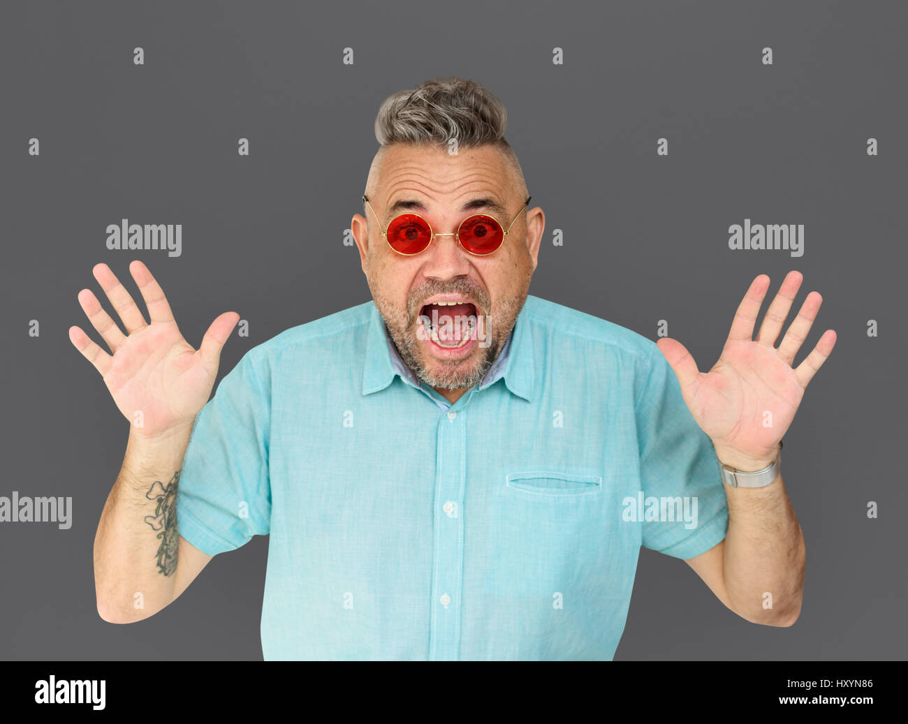 Old Man Shock Hands Up Stock Photo - Alamy