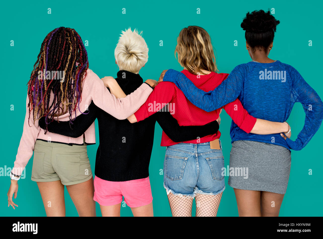 People Girlfriends Friendship Huddle Rear View Togetherness Stock Photo ...