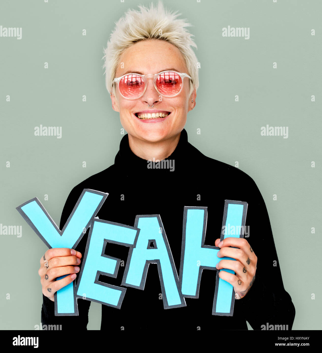 Woman Smiling Happiness Holding Comic Word Yeah Portrait Stock Photo ...