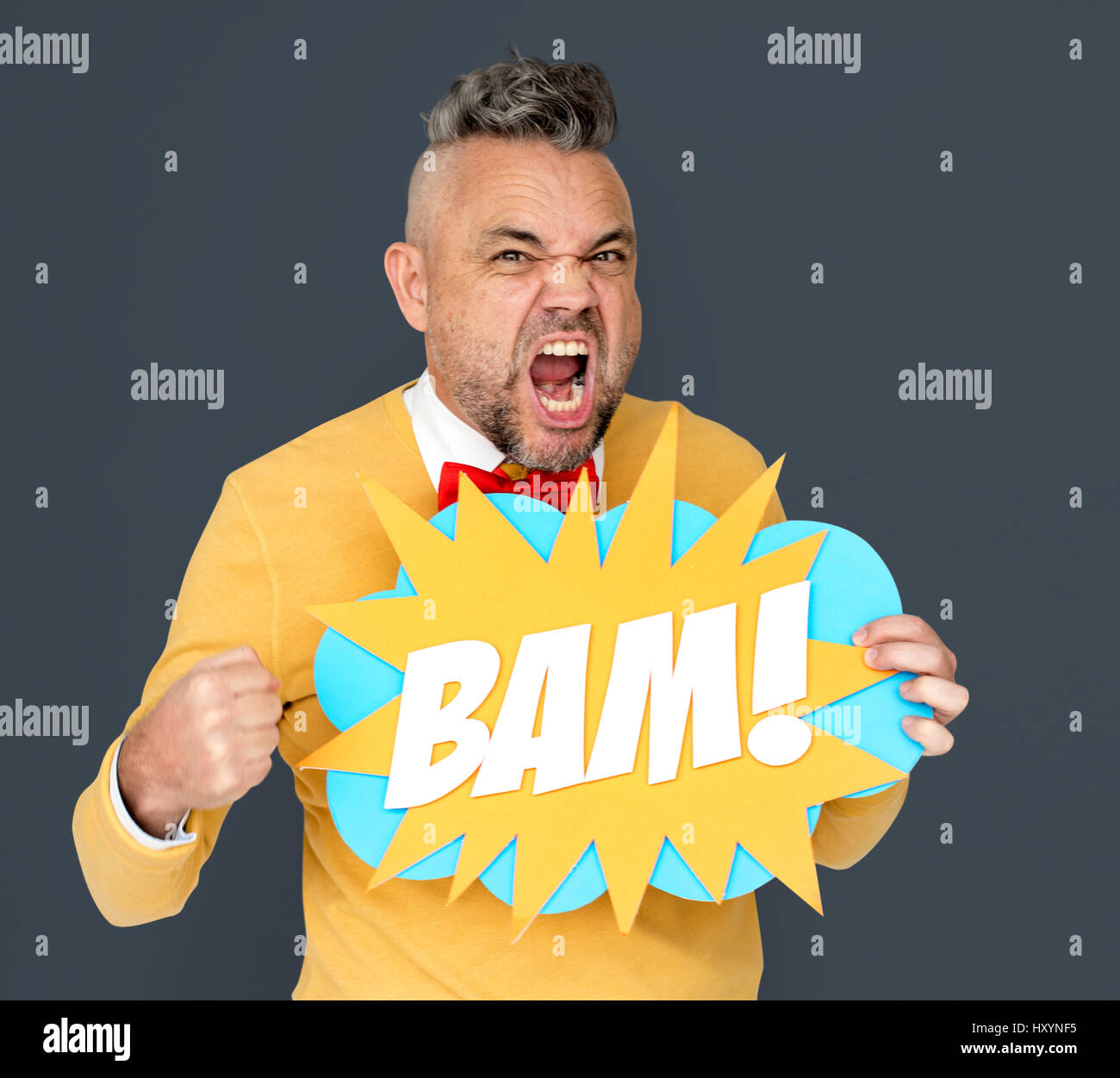 Bam Man Expression Holding Word Stock Photo - Alamy
