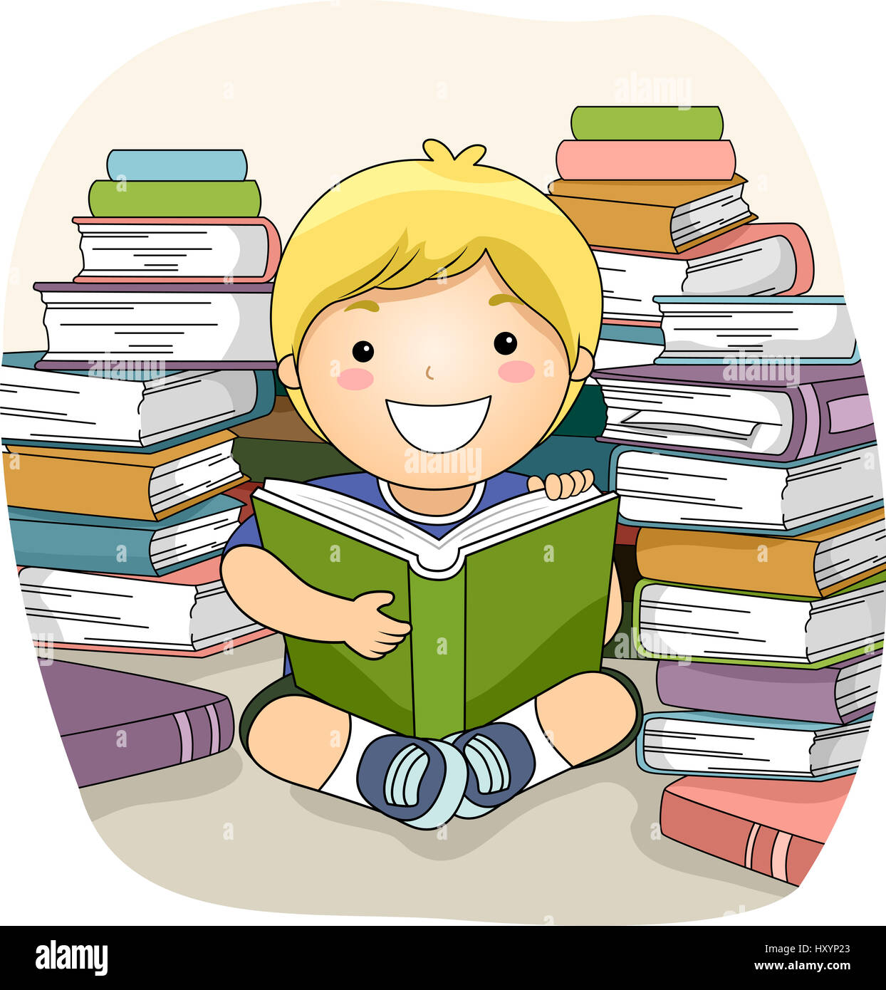 Illustration of a Little Boy Surrounded by Stacks of Books Stock Photo ...